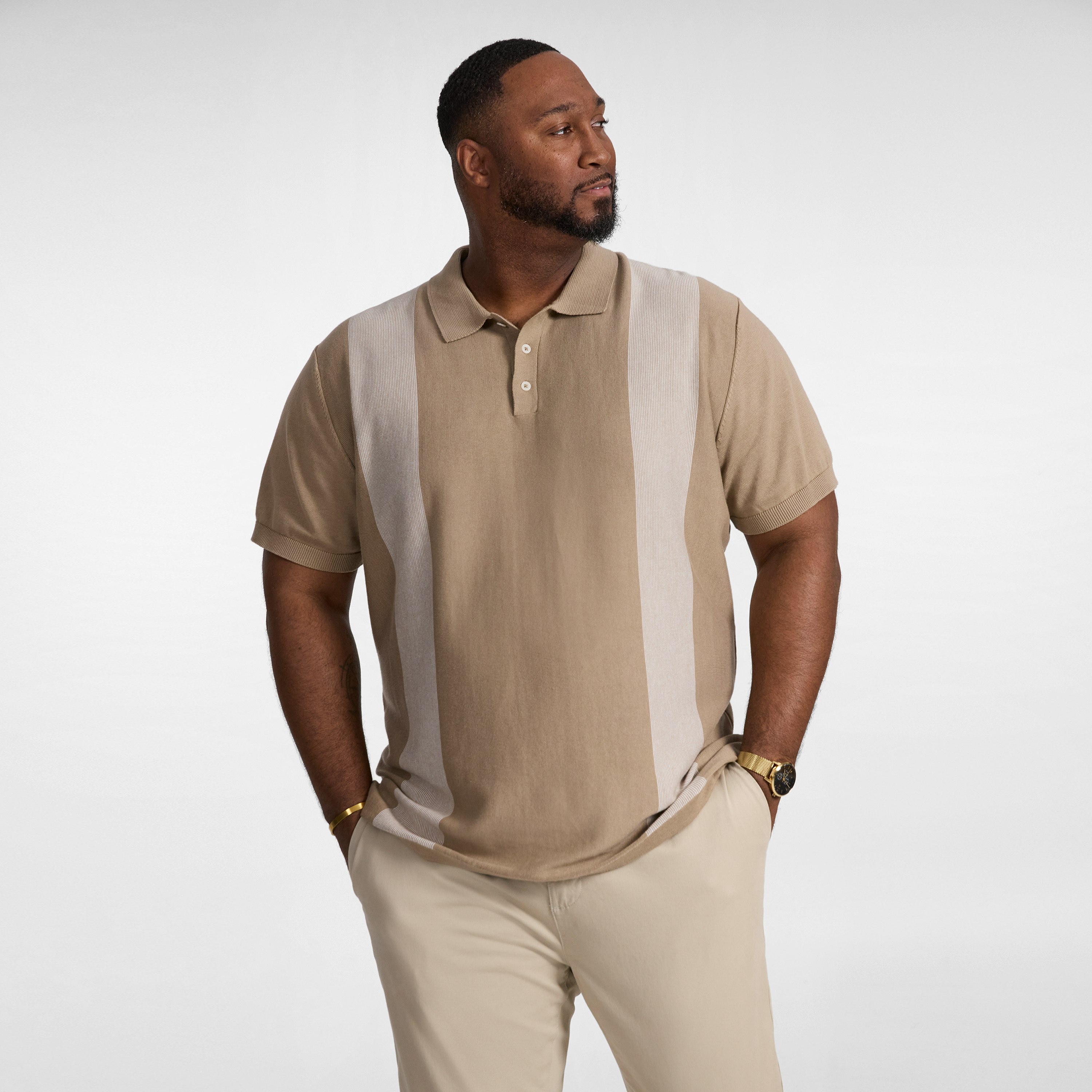 Taupe Jeremy Stripe Knit Polo | Men's Tops | Johnny Bigg AU